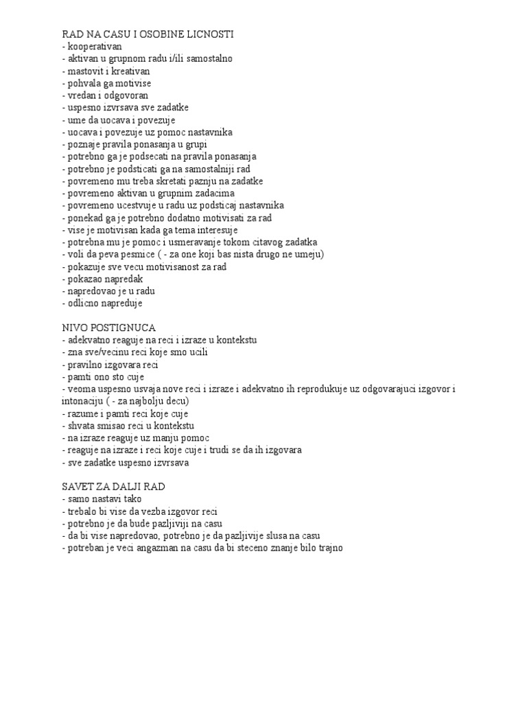 Primeri Opisnog Ocenjivanja Prvaka | PDF