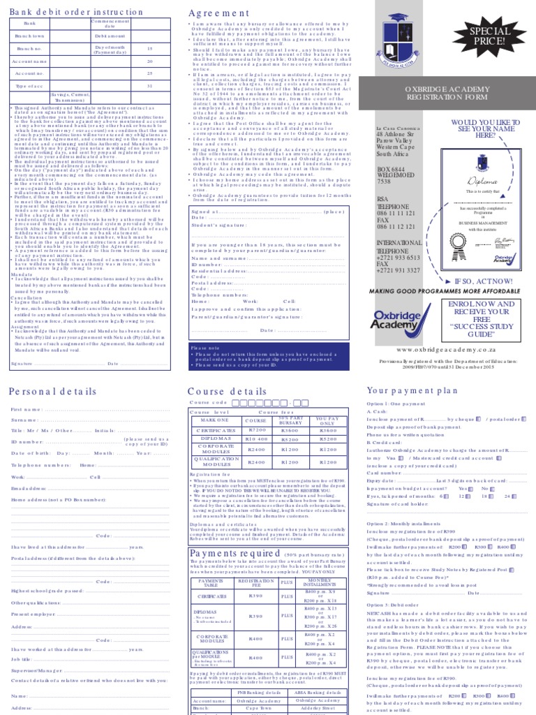 Oxbridge Registration Form | PDF | Payments | Debit Card