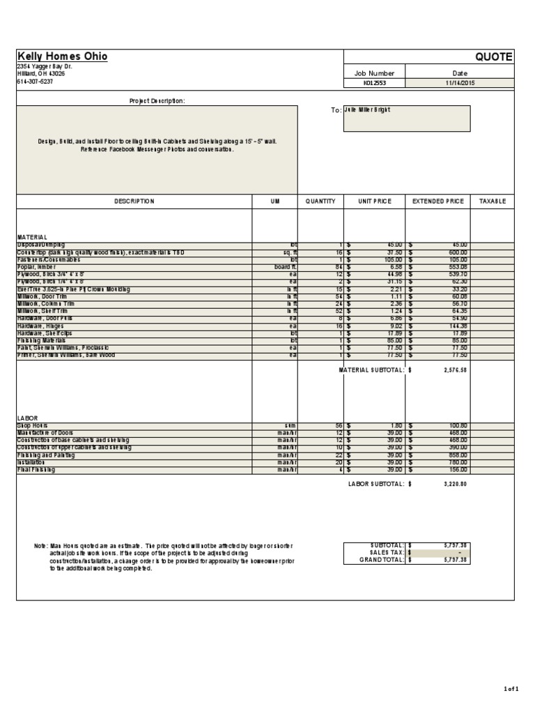 Kelly Homes Ohio - Built-Ins Quote | PDF | Sports & Recreation | Law