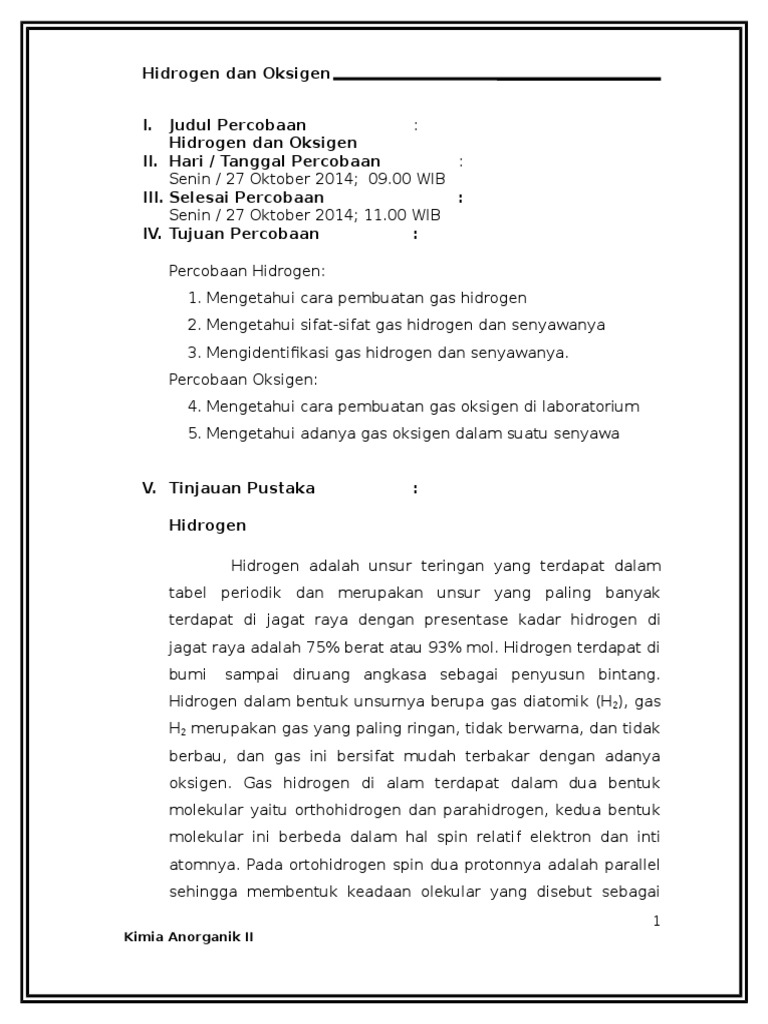 Hidrogen dan Oksigen: Percobaan dan Sifat | PDF | Sains & Matematika