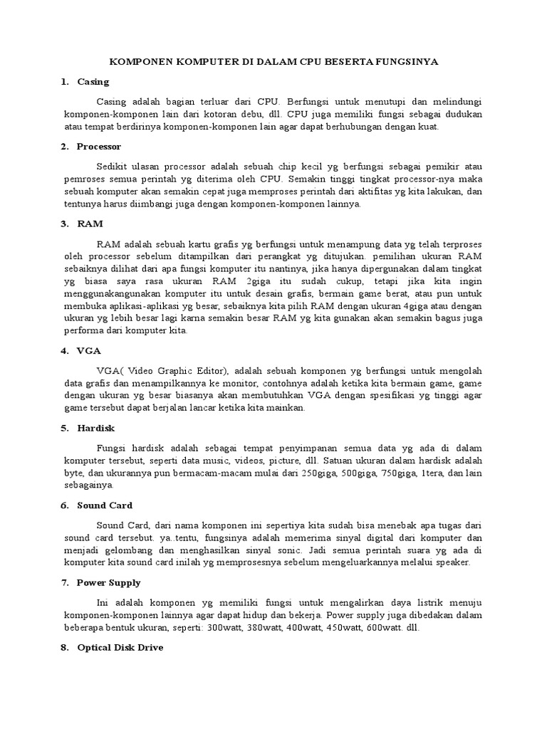 Komponen Komputer Di Dalam Cpu Beserta Fungsinya | PDF
