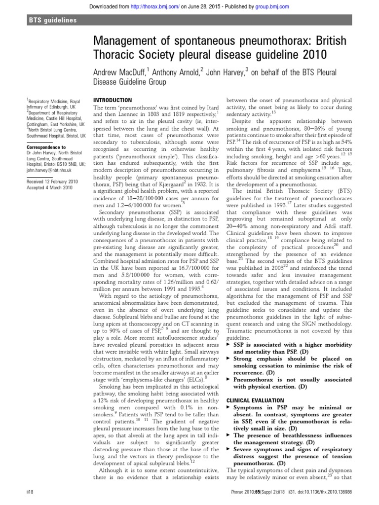 BTS 2010 Guidelines Management of Spontaneous Pneumothorax | PDF | Wellness