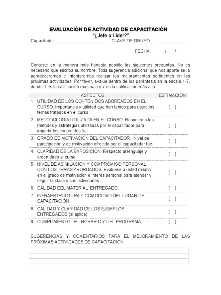 Evaluación de Actividad de Capacitación (Al Capacitador) | PDF
