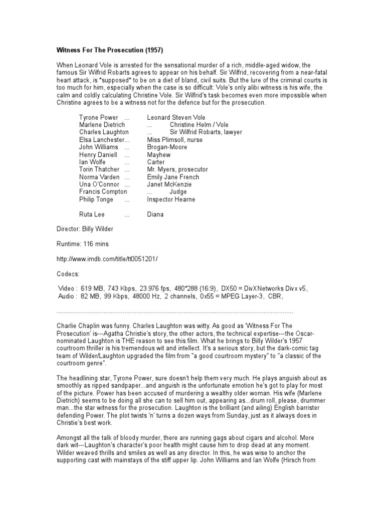 Witness for the Prosecution (1957) Cast | PDF | Leisure