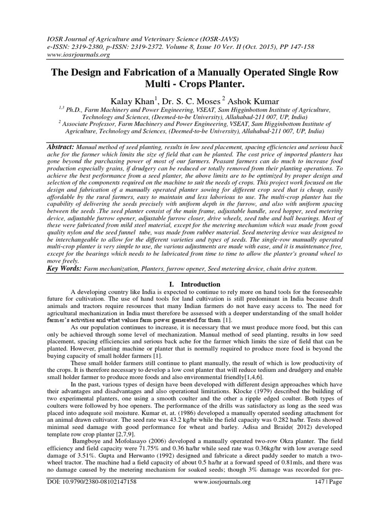 The Design and Fabrication of A Manually Operated Single Row Multi ...