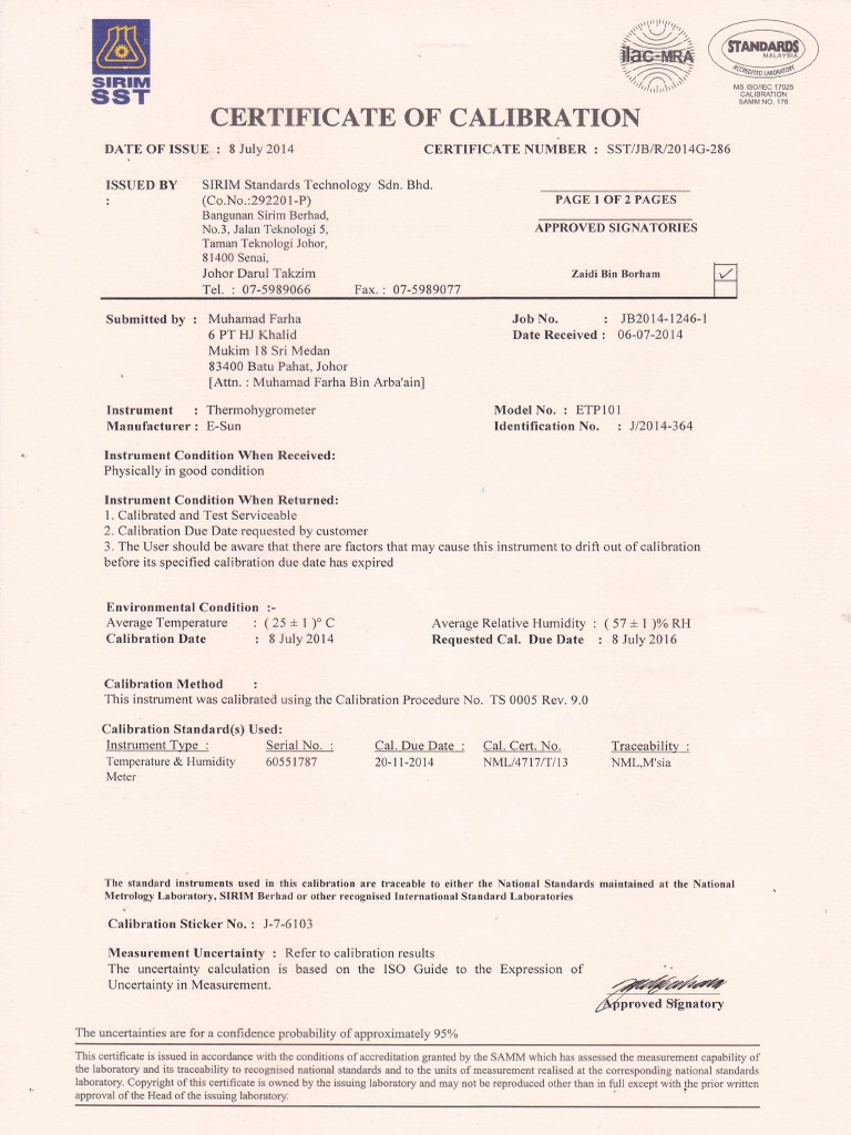 Thermohygrometer Calibration Certificate | PDF | Calibration | Metrology