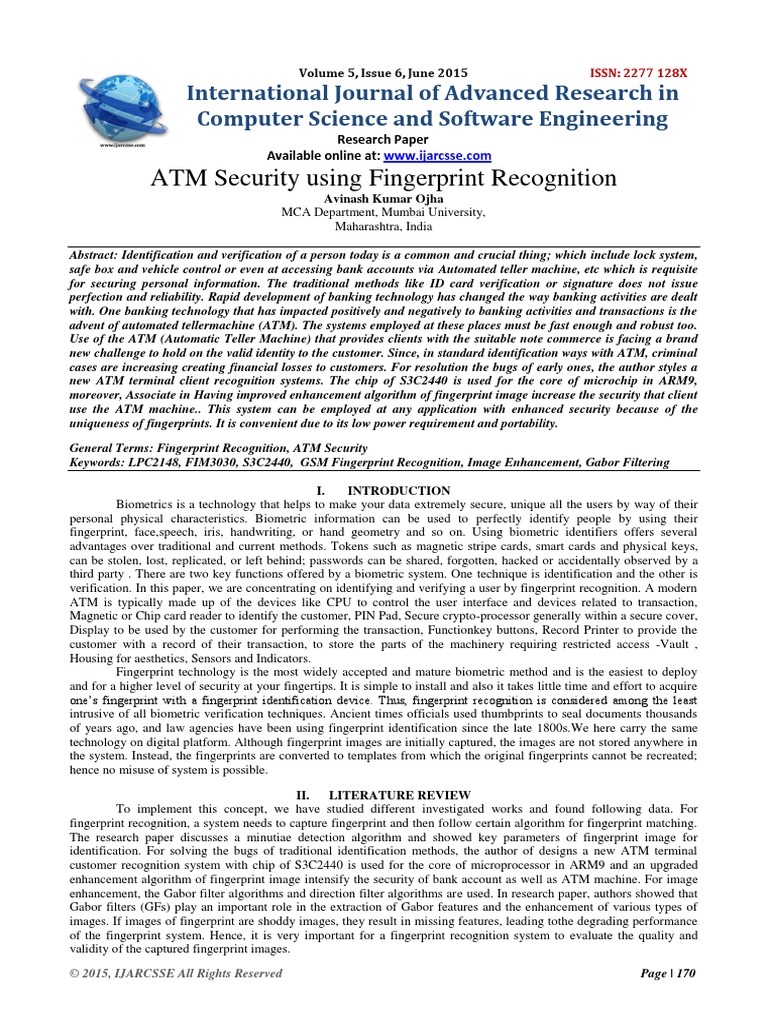 ATM Security Using Fingerprint Recognition | PDF | Biometrics | Automated Teller Machine