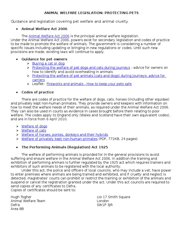 Animal Welfare Legislation Overview | PDF | Animal Welfare | Pet