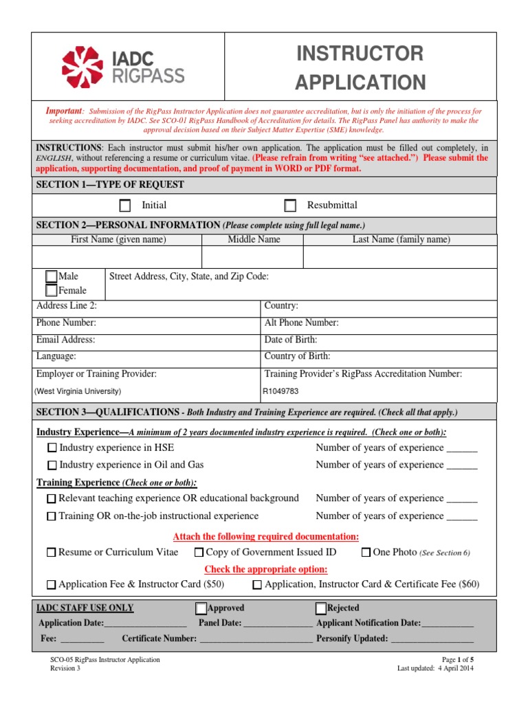 RigPass Instructor Application Form | PDF | Credit Card | Indemnity
