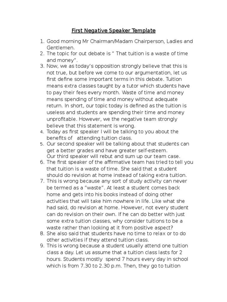 First Negative Speaker Template | PDF | Tuition Payments | Behavior ...