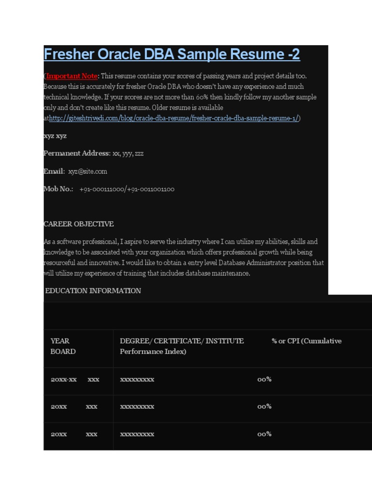 Fresher Oracle Dba Sample Resume Pdf Oracle Database Information