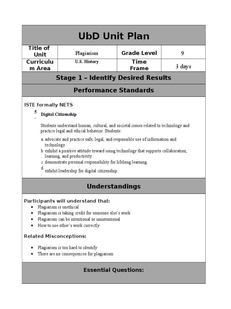 Ubd Unit Plan: Stage 1 - Identify Desired Results Performance Standards ...