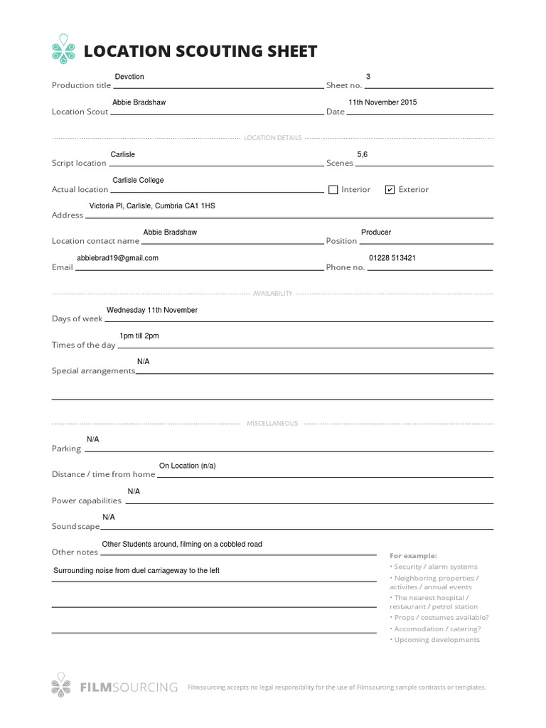 Location Scouting Sheet Template | PDF