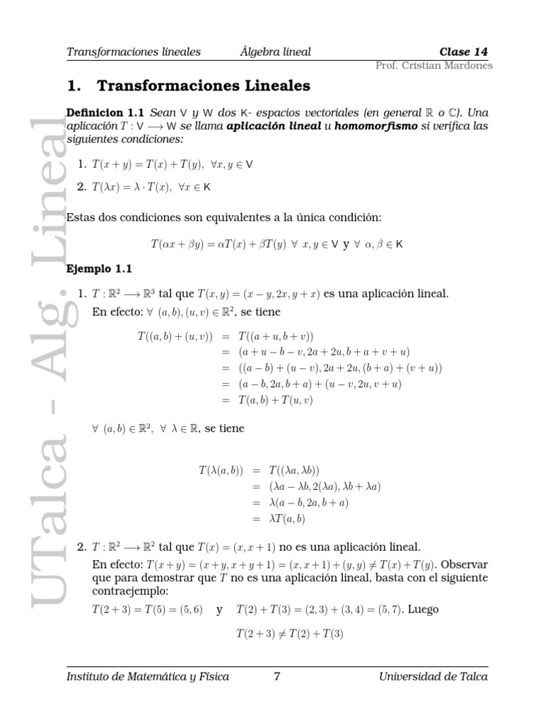 Clase Transformaciones Lineales | PDF | Mapa lineal | Relaciones matematicas