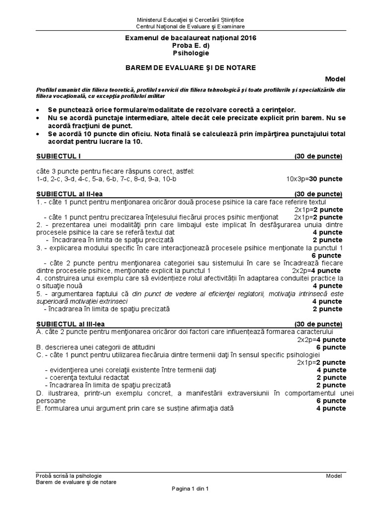 Barem de Corectare Model Subiecte La Psihologie Bac 2016 | PDF