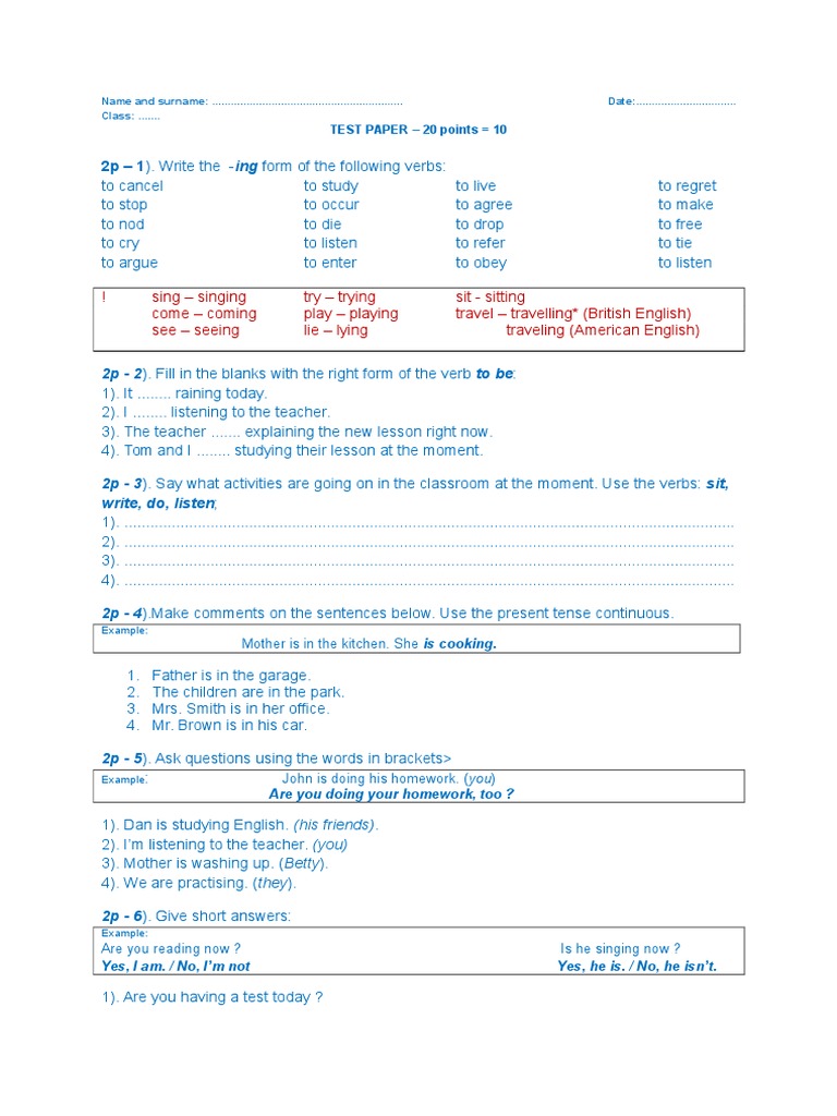 Test Paper - Present Continuous Tense | PDF | English Language | Verb