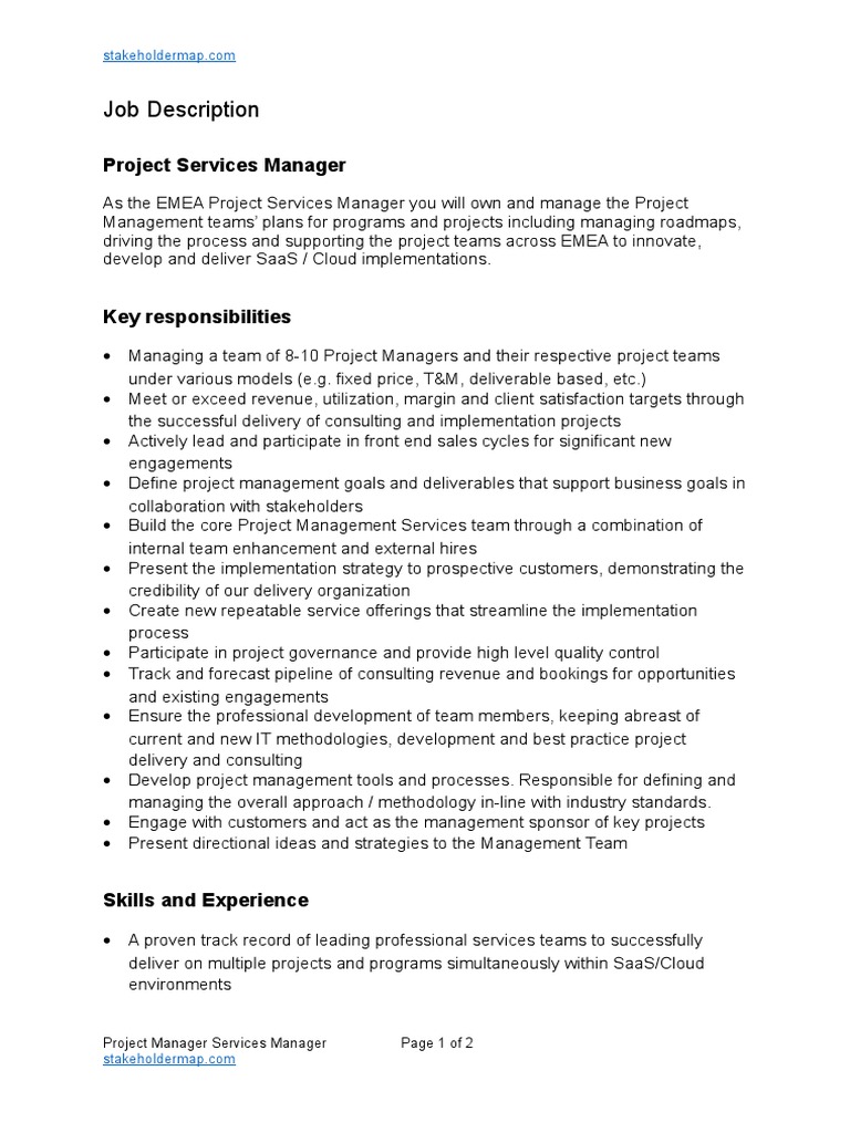 Job Description Project Services Manager/Head of Project Management ...