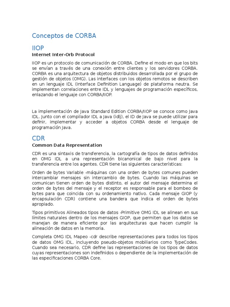 Conceptos de CORBA | PDF | Arquitectura de agente de solicitud de objeto común | Java (lenguaje ...
