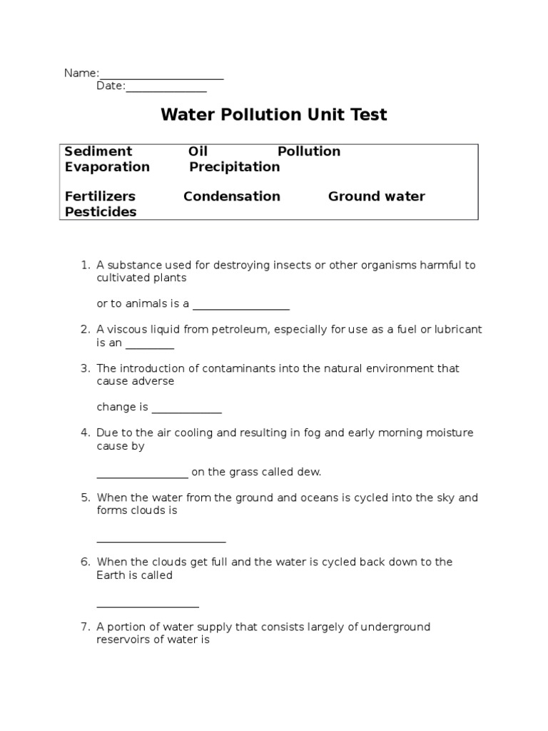 Water Pollution Unit Test | PDF