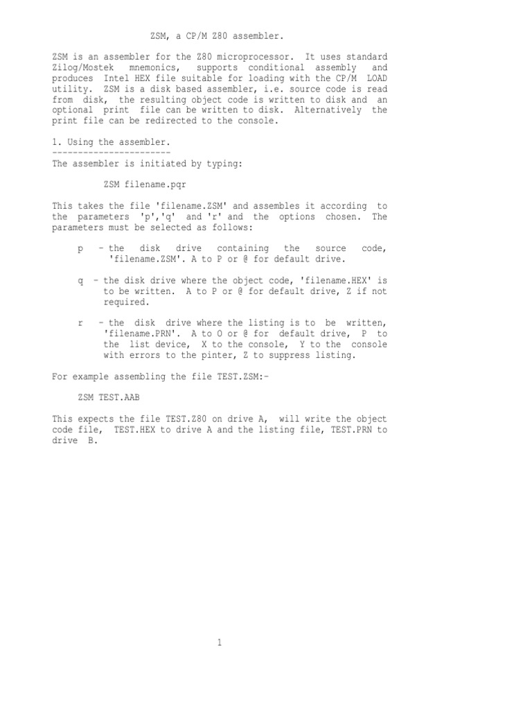 ZSM: CP/M Z80 Assembler Guide | PDF | Assembly Language | Computer File