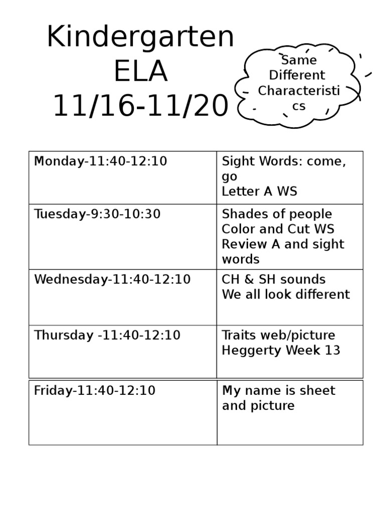 Kindergarten ELA Weekly Plan | PDF | Language Arts & Discipline