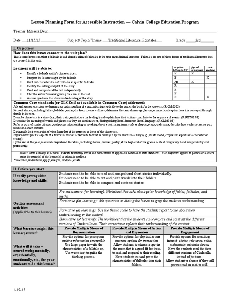 Unit Plan Lesson Folktales | PDF | Folklore | Educational Assessment