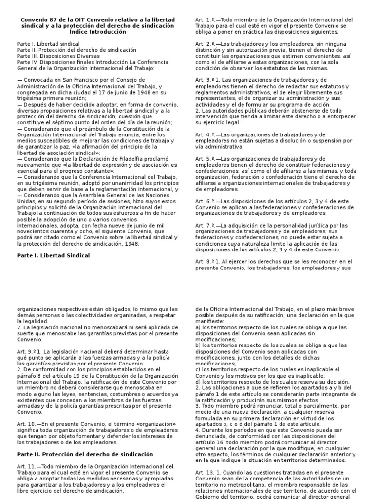 Convenio 87 de La OIT Convenio Relativo A La Libertad Sindical y A La Protección Del Derecho de ...