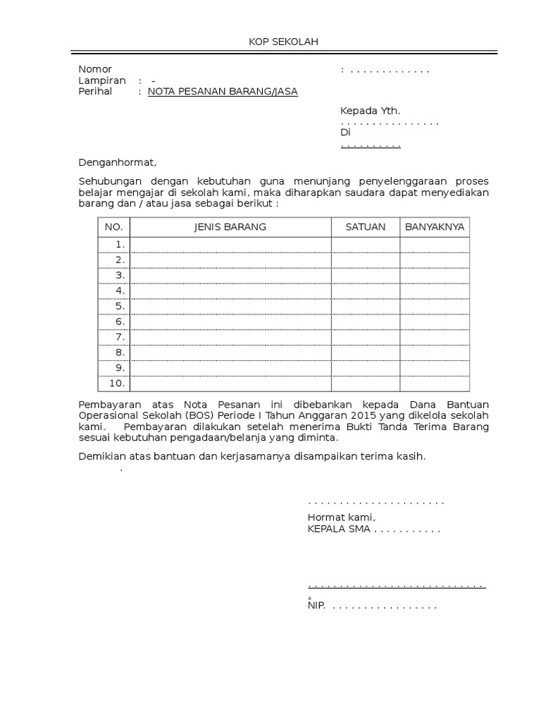 Contoh Nota Pesanan Kegiatan Bos Sma | PDF