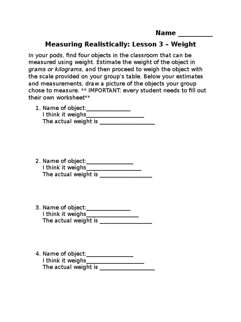 Classroom Weight Measurement Activity | PDF