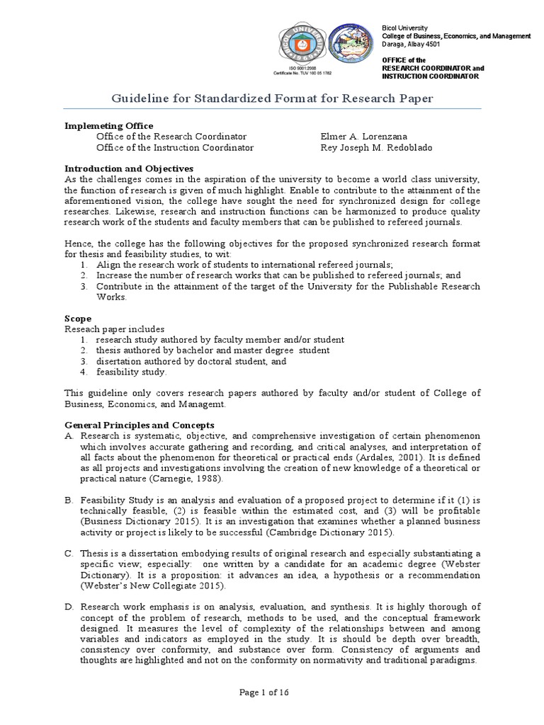 Bicol University Research Paper Guidelines | PDF | Thesis | Citation
