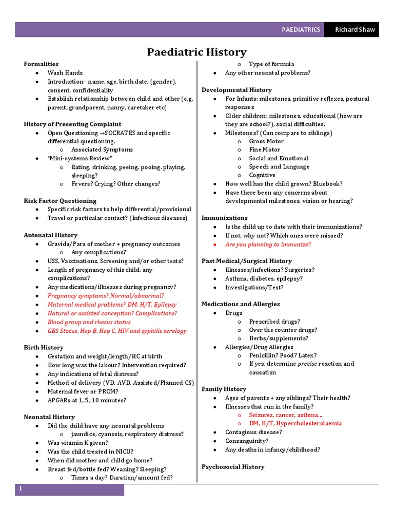 Pediatric History Taking Guide | PDF | Hip | Pregnancy