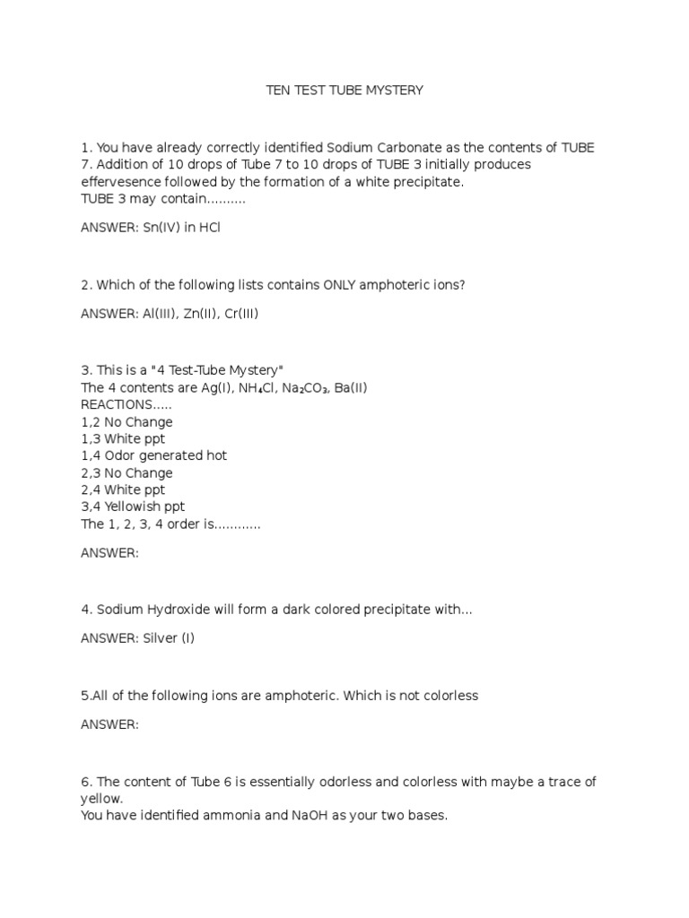 Ten Test Tube Mystery | Download Free PDF | Sodium Hydroxide | Hydroxide