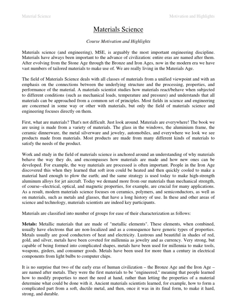 Materials Science: Course Motivation and Highlights | PDF | Materials ...