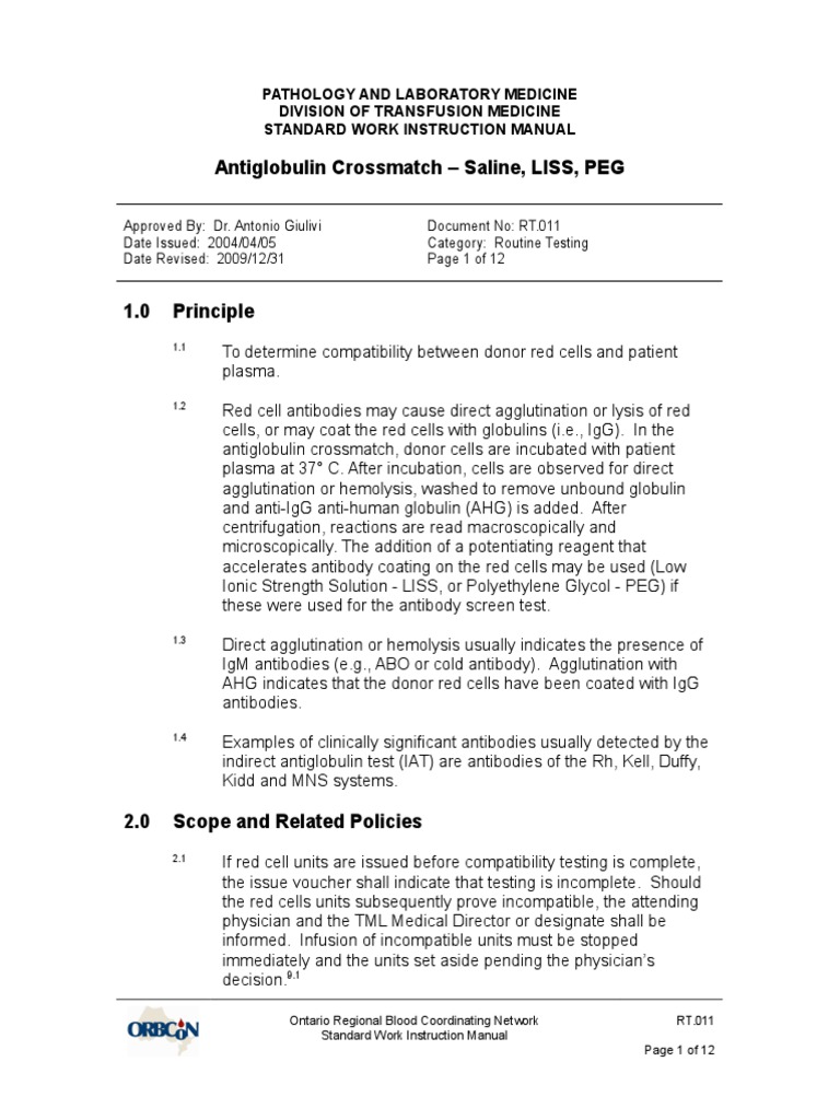 RT.011 Antiglobulin Crossmatch (Saline-LISS-PEG) | PDF | Blood ...