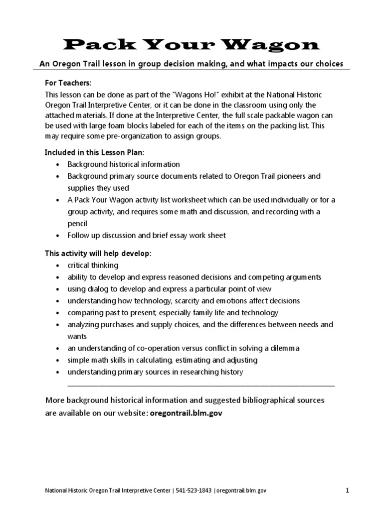 Eled 426 - Pack Your Wagon Oregon Trail | PDF | Oregon Trail | Camping