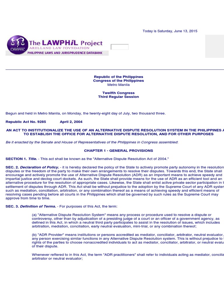 Ra 9285 | PDF | Alternative Dispute Resolution | Arbitral Tribunal