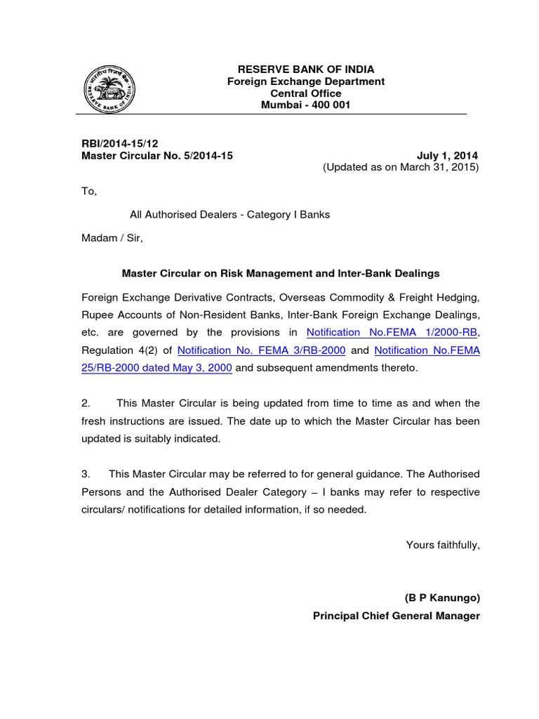 Master Circular On Rbi Circular - Circular On Forex Risk Management ...