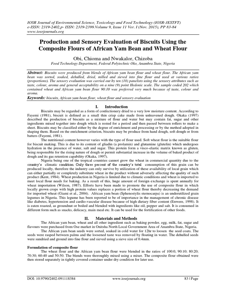 Production and Sensory Evaluation of Biscuits Using The Composite Flours of African Yam Bean and ...