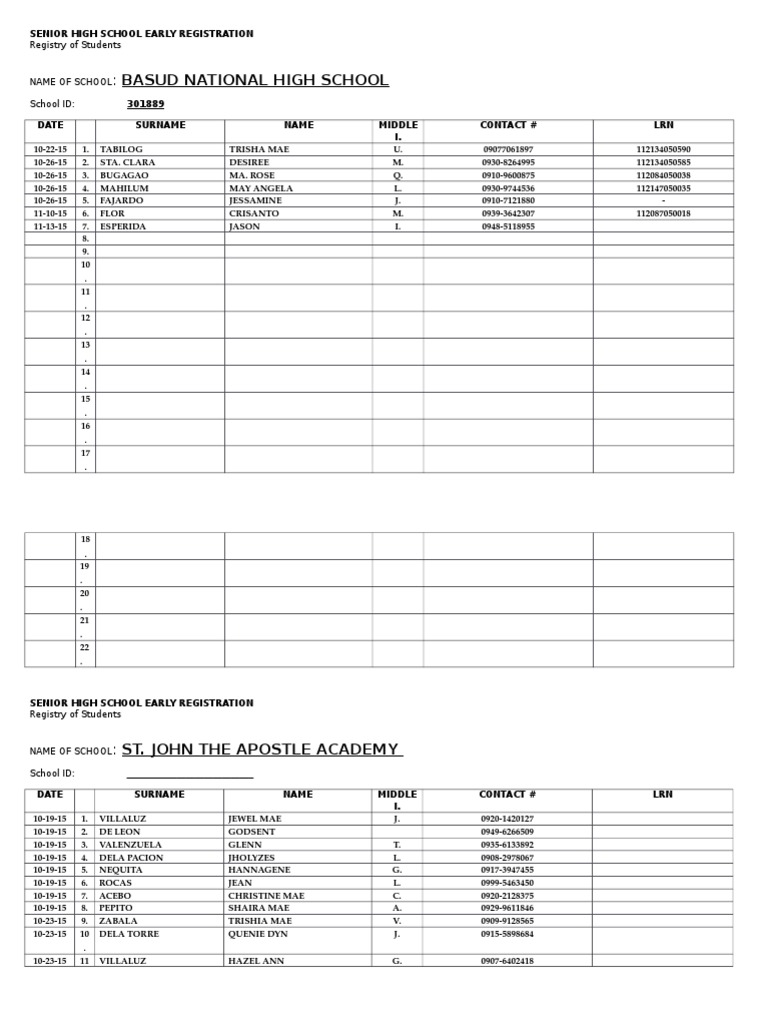 High School Registration List | PDF
