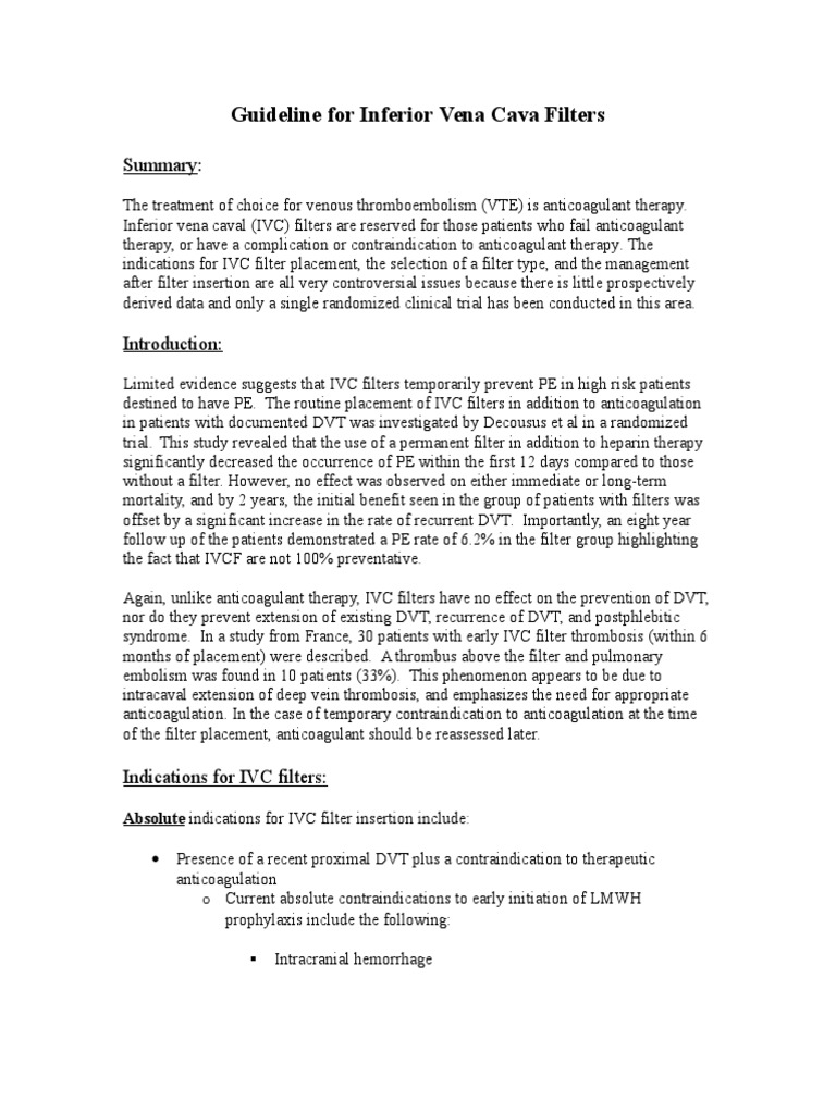 Inferior Vena Cava Filter Guideline | PDF | Thrombosis | Medical ...