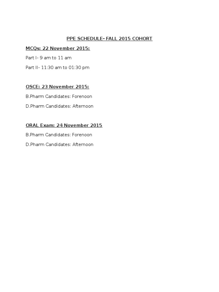 Ppe Schedule-Fall 2015 Cohort MCQS: 22 November 2015:: Part I - 9 Am To ...