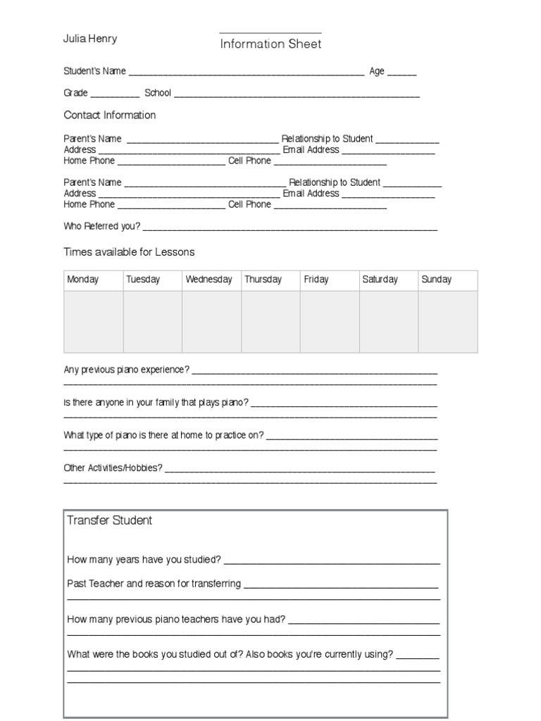 Julia Henry Piano Lesson Information Sheet | PDF