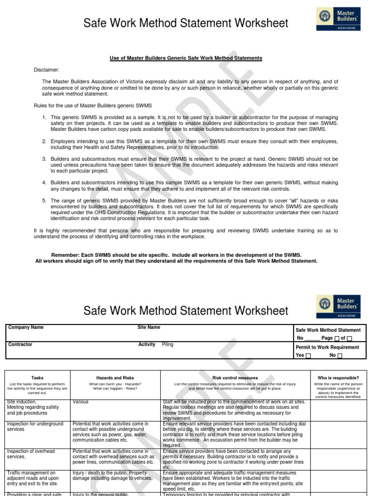 Safe Work Method Statement Worksheet | PDF | Drilling Rig | General ...