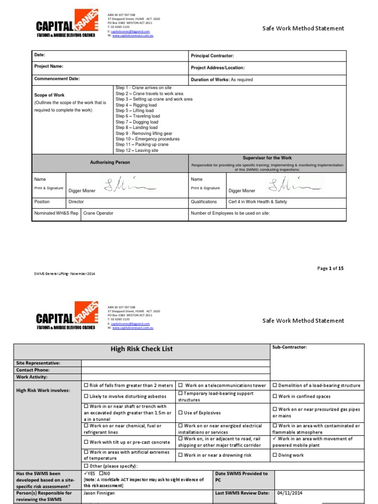 SWMS General Lifting November2014 | PDF | Crane (Machine ...