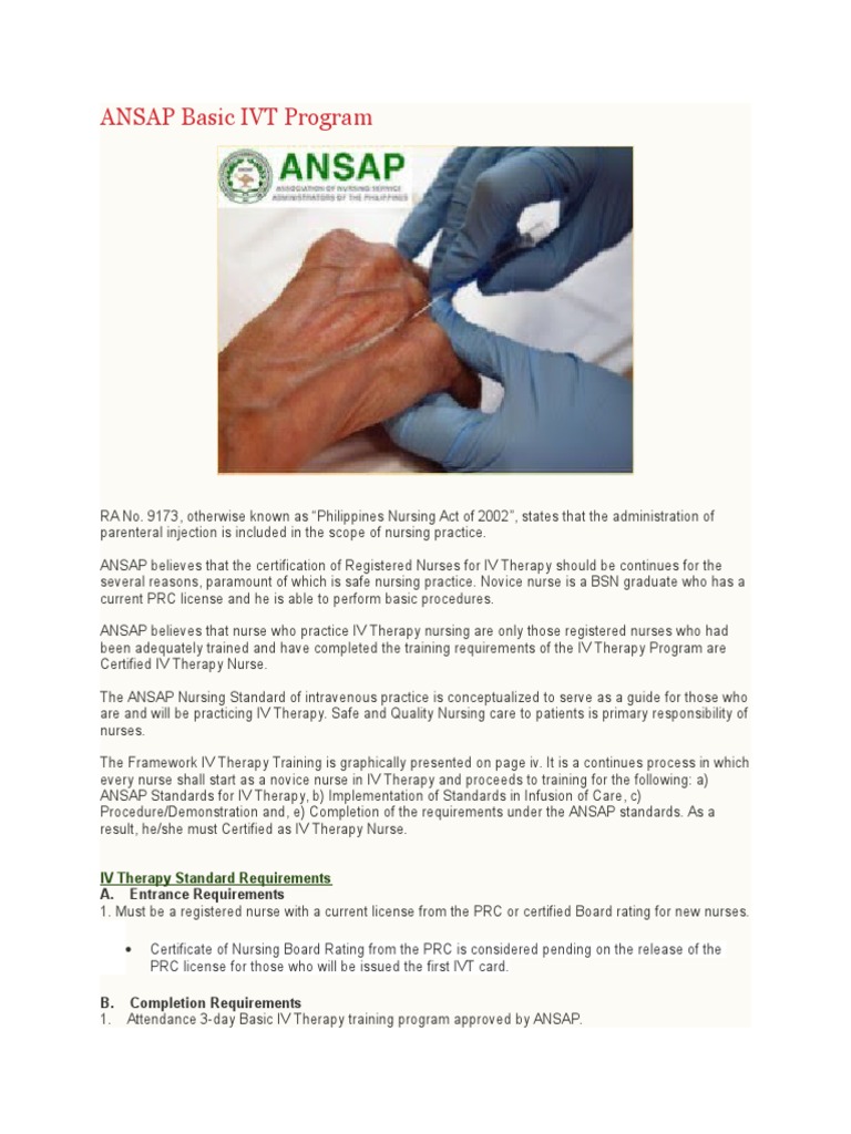 ANSAP Basic IVT Program | Intravenous Therapy | Nursing