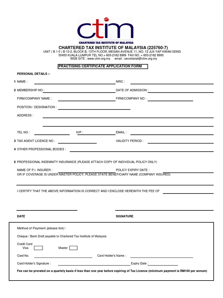 Chartered Tax Institute of Malaysia (225760-7) : Practising Certificate Application Form | PDF ...