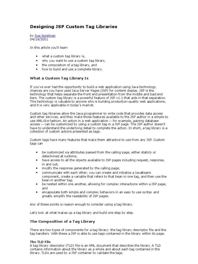 Designing JSP Custom Tag Libraries | PDF | Java Server Pages | Library ...
