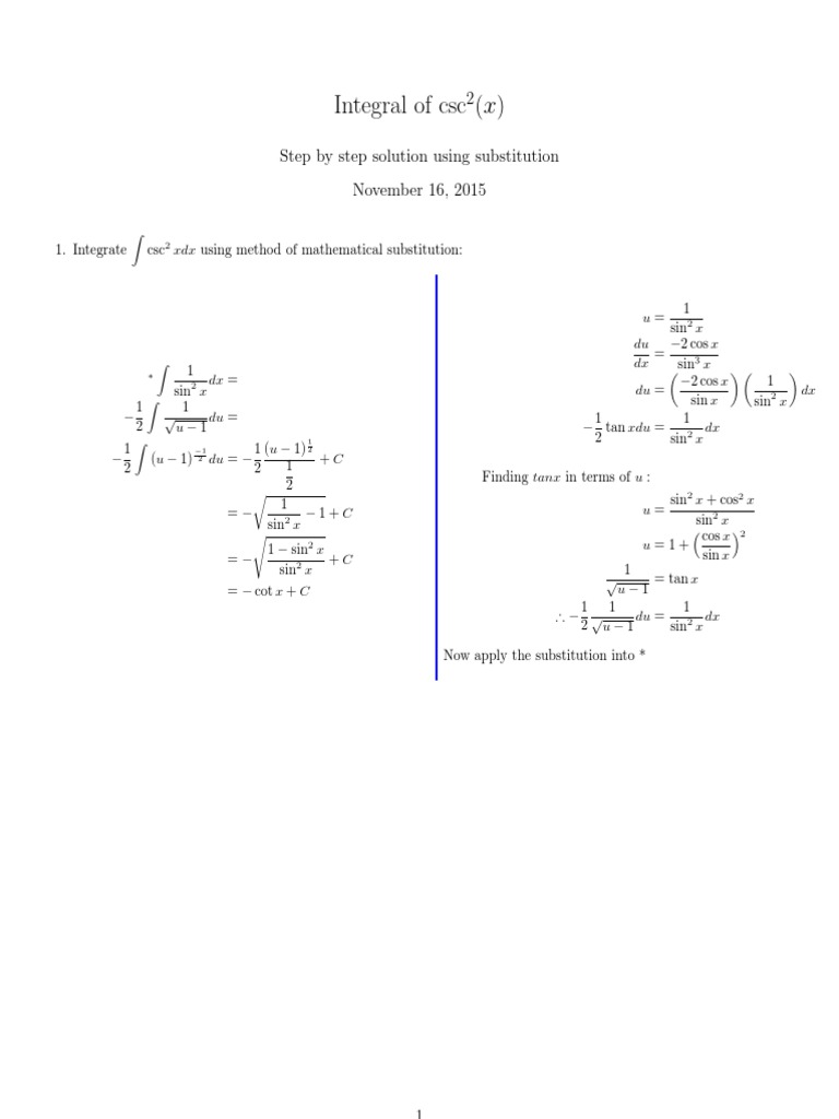 Calculus: Integrating csc²(x) | PDF