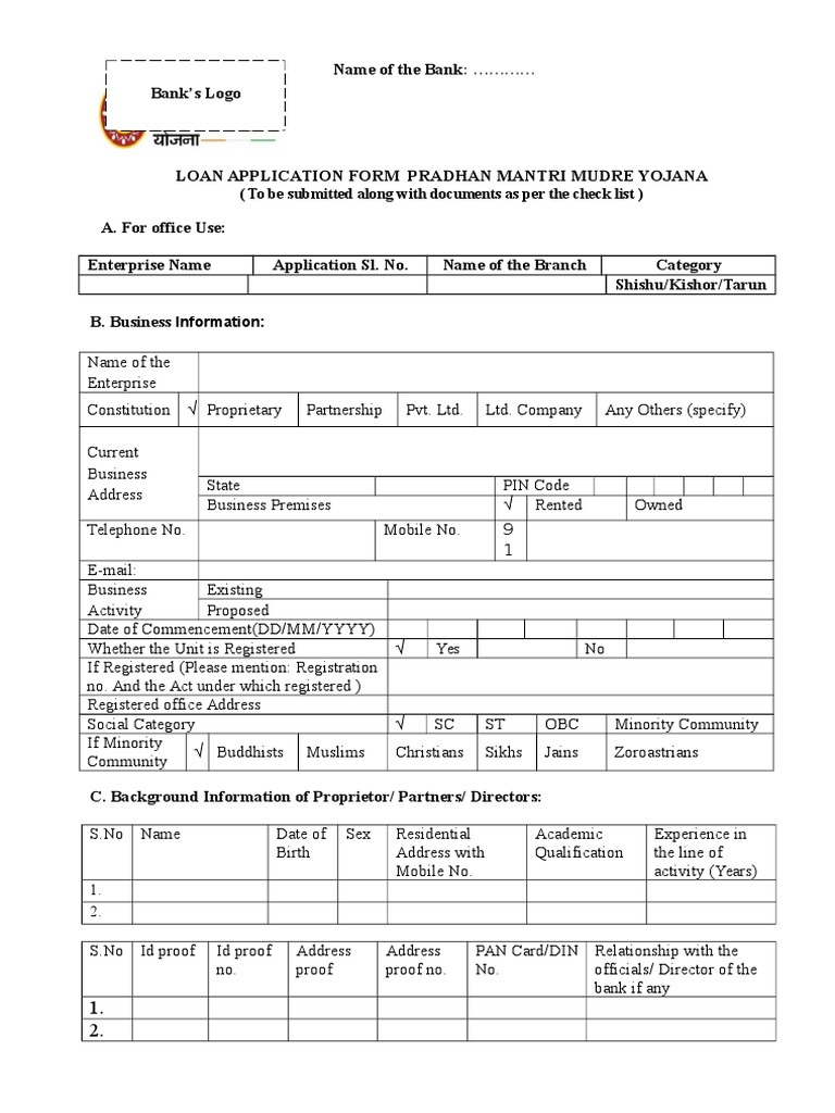 Common Loan Application Form Under Pradhan Mantri MUDRA Yojana | Credit (Finance) | Identity ...