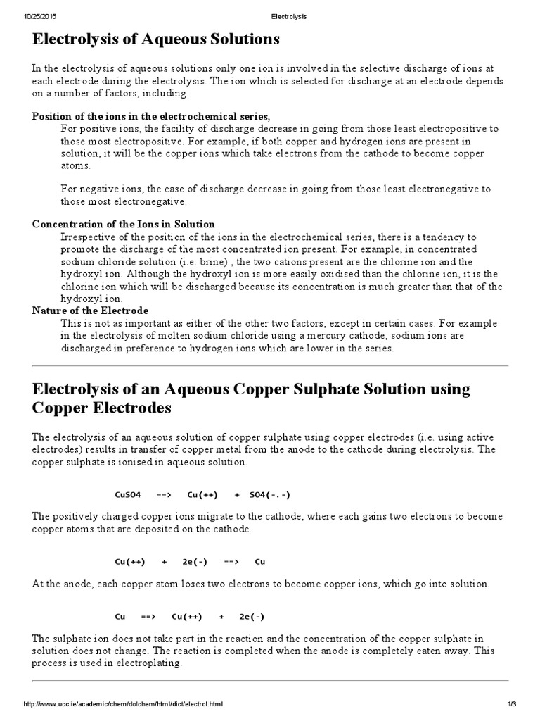 Electrolysis of Aqueous Solutions: Cuso4 Cu (++) + So4 ( . ) | PDF ...